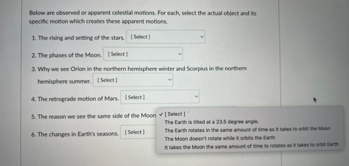 Solved Below are observed or apparent celestial motions. For | Chegg.com