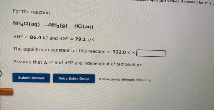 Solved For the reaction NH4Cl(aq) NH3( g)+HCl(aq)ΔH∘=86.4 kJ | Chegg.com