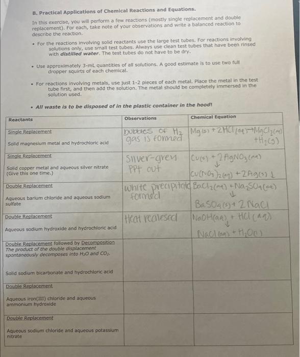 Solved B. Practical Applications of Chemical Reactions and | Chegg.com
