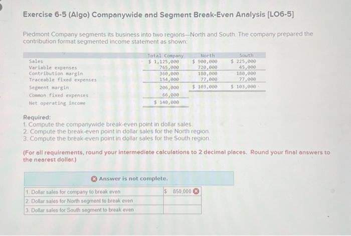 Solved Exercise 6-5 (Algo) Companywide and Segment | Chegg.com
