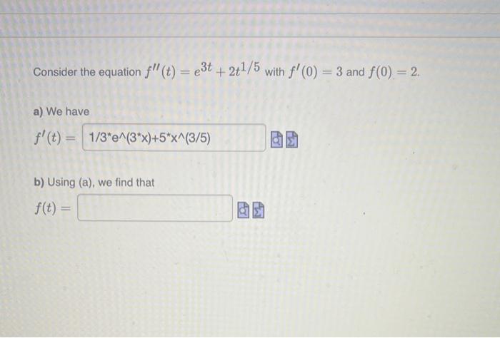 Solved Consider the equation f′′(t)=e3t+2t1/5 with f′(0)=3 | Chegg.com