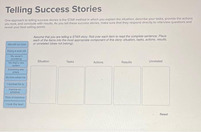 One approach to telling success stories is the STAR | Chegg.com