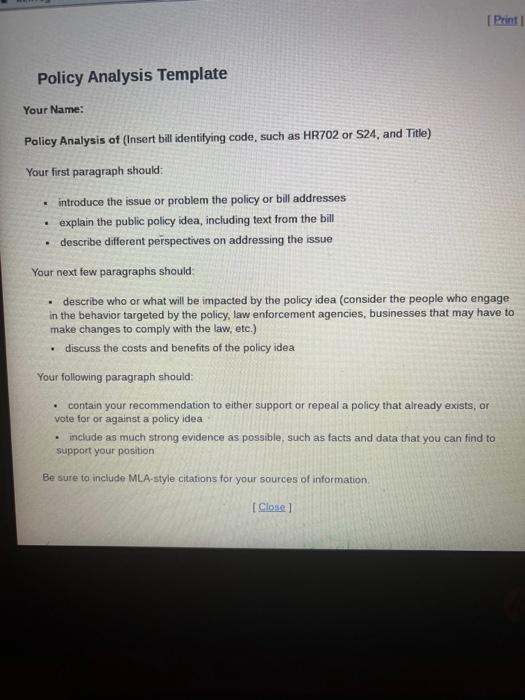 Policy Analysis Template Your Name: Policy Analysis | Chegg.com