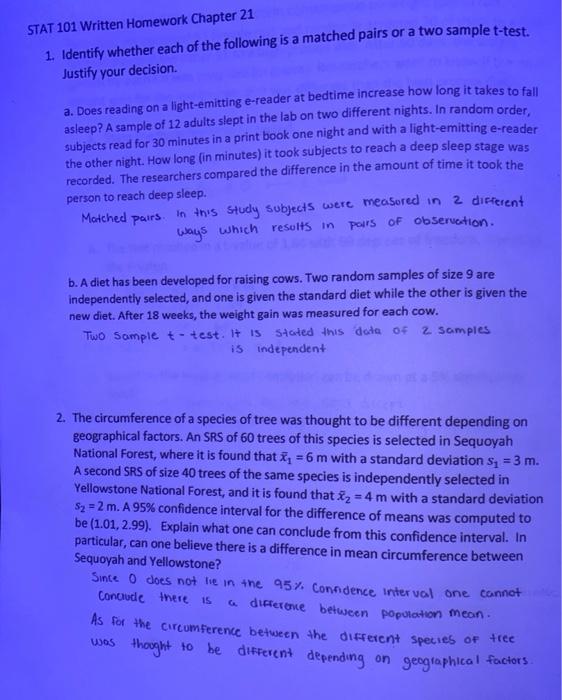 Solved STAT 101 Written Homework Chapter 21 1. Identify | Chegg.com