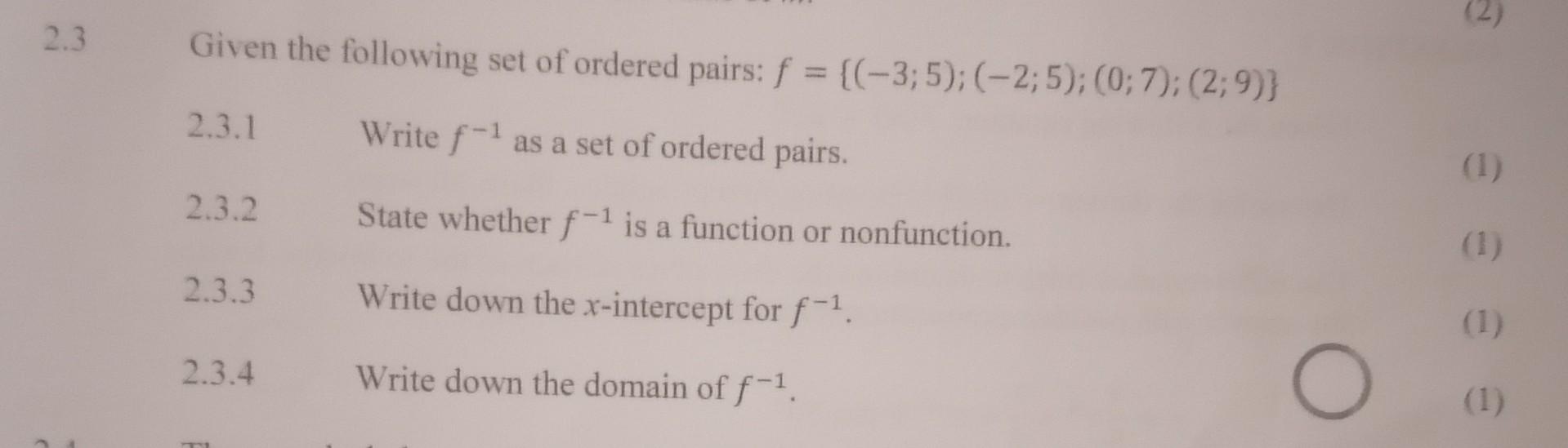 Solved Given the following set of ordered pairs: | Chegg.com