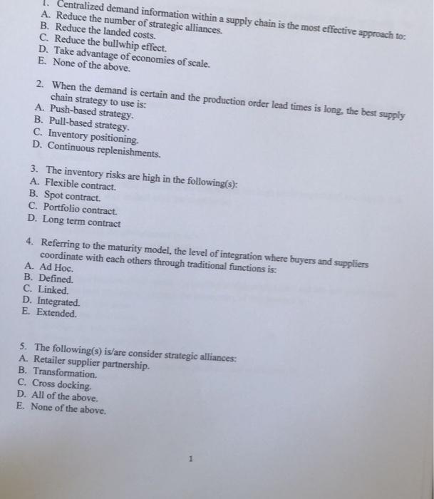 Solved 1. Centralized demand information within a supply | Chegg.com