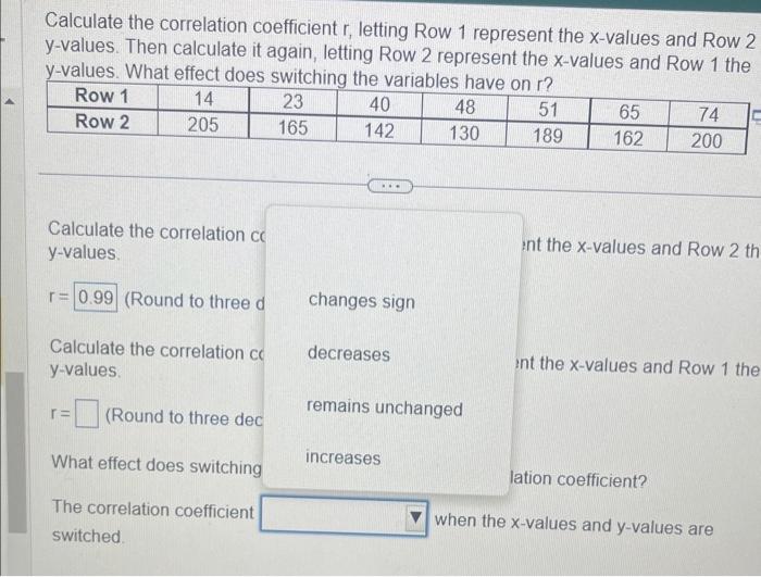 Solved Calculate the correlation coefficient r, letting Row | Chegg.com