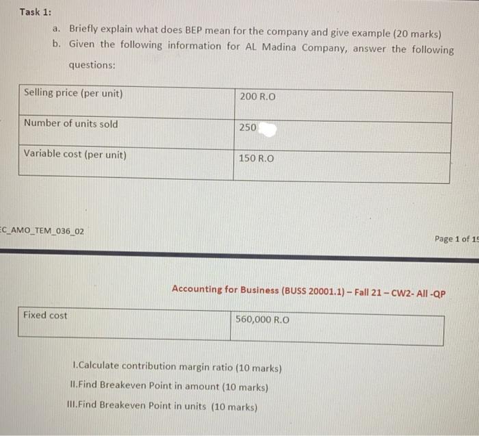 Solved Task 1: a. Briefly explain what does BEP mean for the | Chegg.com
