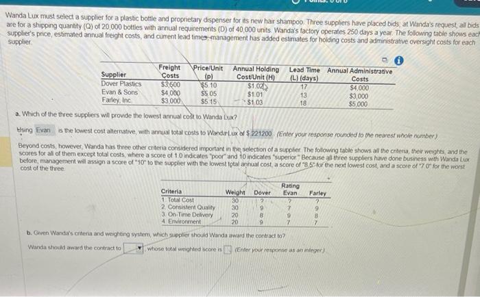 Solved Wanda Lux must select a supplier for a plastic bottle | Chegg.com