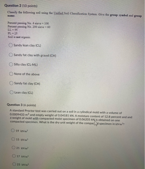 Solved Question 2 (10 points) Classify the following soil | Chegg.com