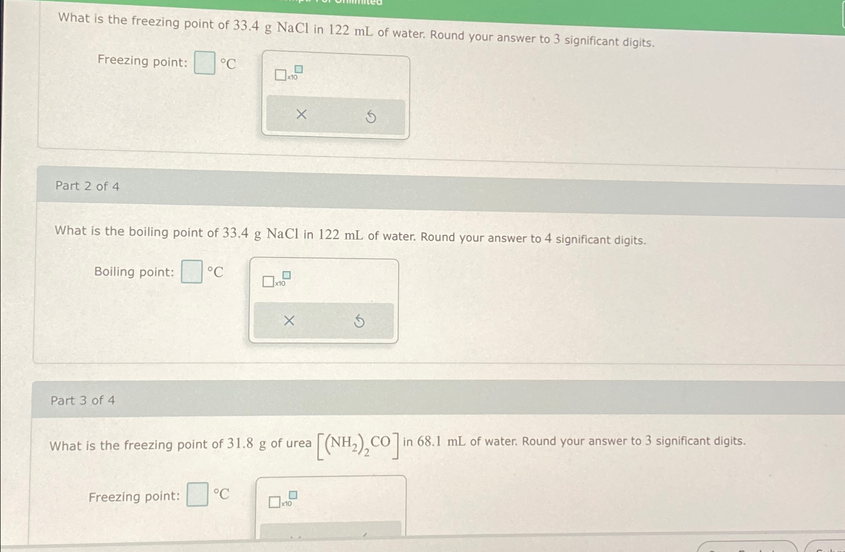 Solved What is the freezing point of 33.4gNaCl in 122mL ﻿of | Chegg.com