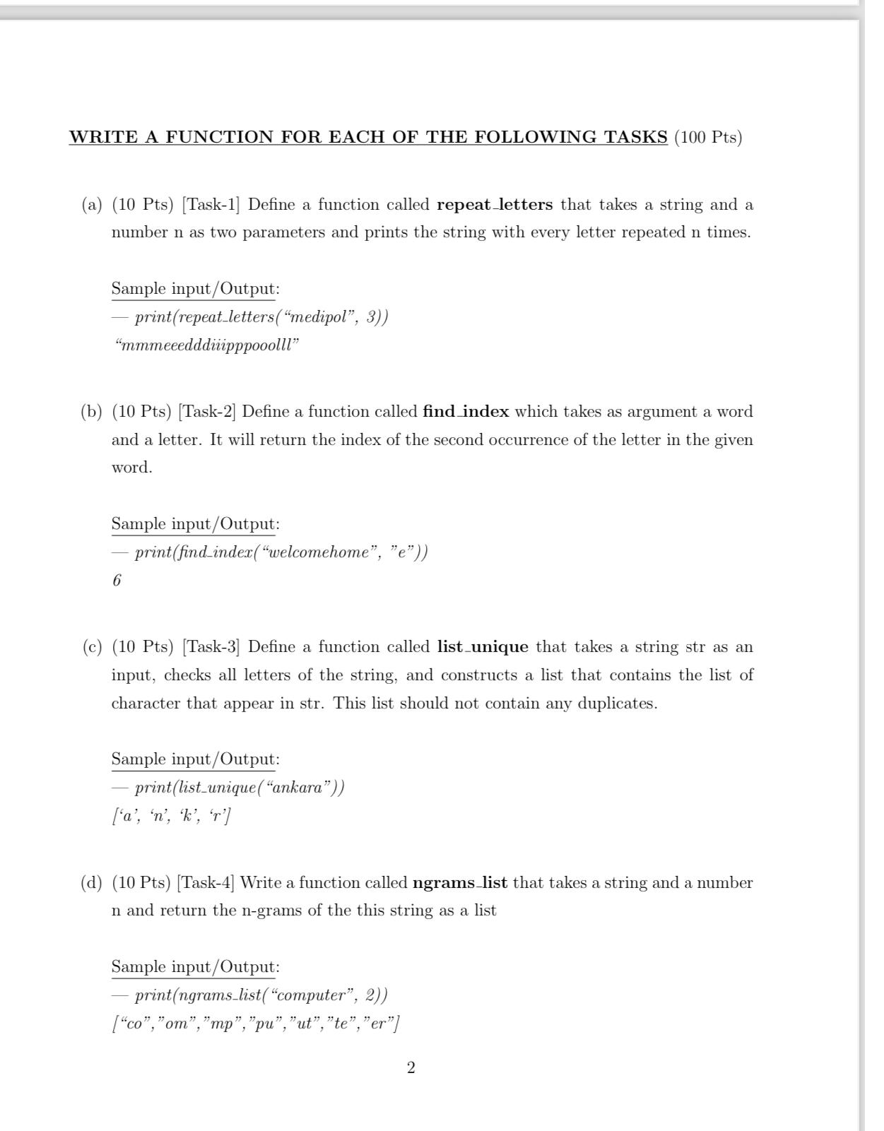 Solved WRITE A FUNCTION FOR EACH OF THE FOLLOWING TASKS (100 | Chegg.com