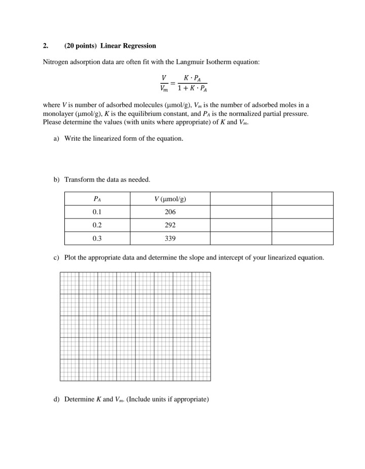 Solved 2. (20 points) Linear Regression Nitrogen adsorption | Chegg.com Solved 2. (20 points) Linear Regression Nitrogen adsorption | Chegg.com