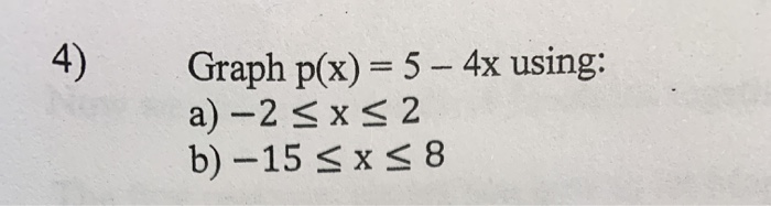 Solved Graph p(x) = 5 - 4x using: a) -2 Sxs 2 b) -15 SX 8 | Chegg.com