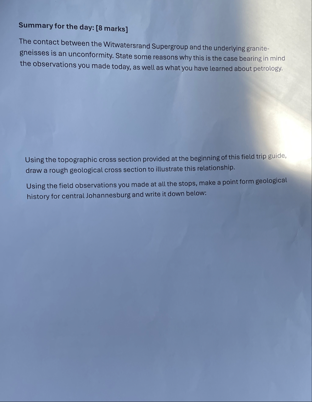 Solved Summary for the day: [8 ﻿marks]The contact between | Chegg.com