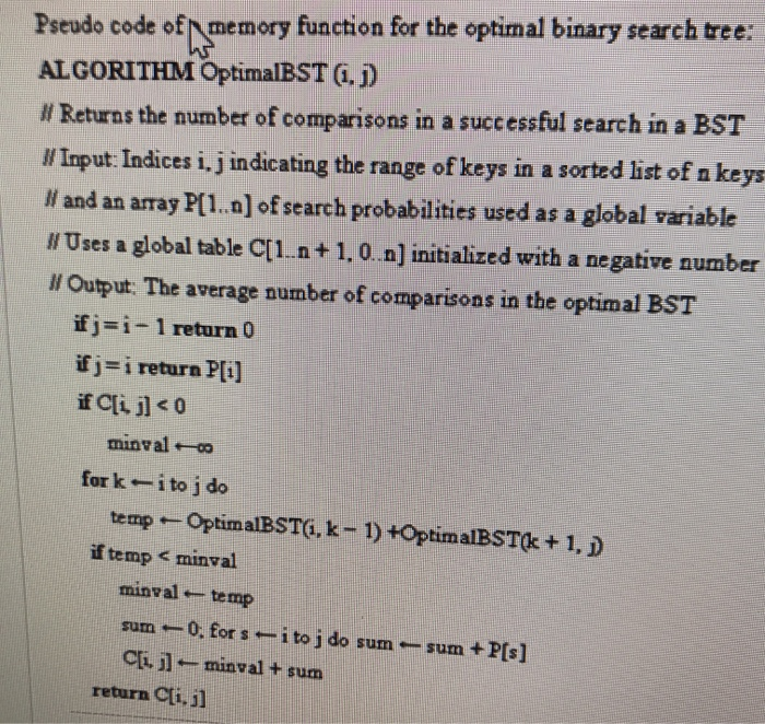 Pseudo code of memory function for the optimal binary | Chegg.com