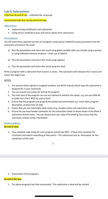 Solved Lab 8 Subroutines Code Due By End Of Lab 8124