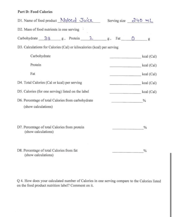 Solved Q4. How does your calculated number of Calories in | Chegg.com