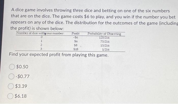 Solved A dice game involves throwing three dice and betting | Chegg.com