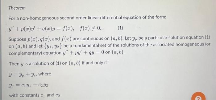 For a non-homogeneous second order linear | Chegg.com
