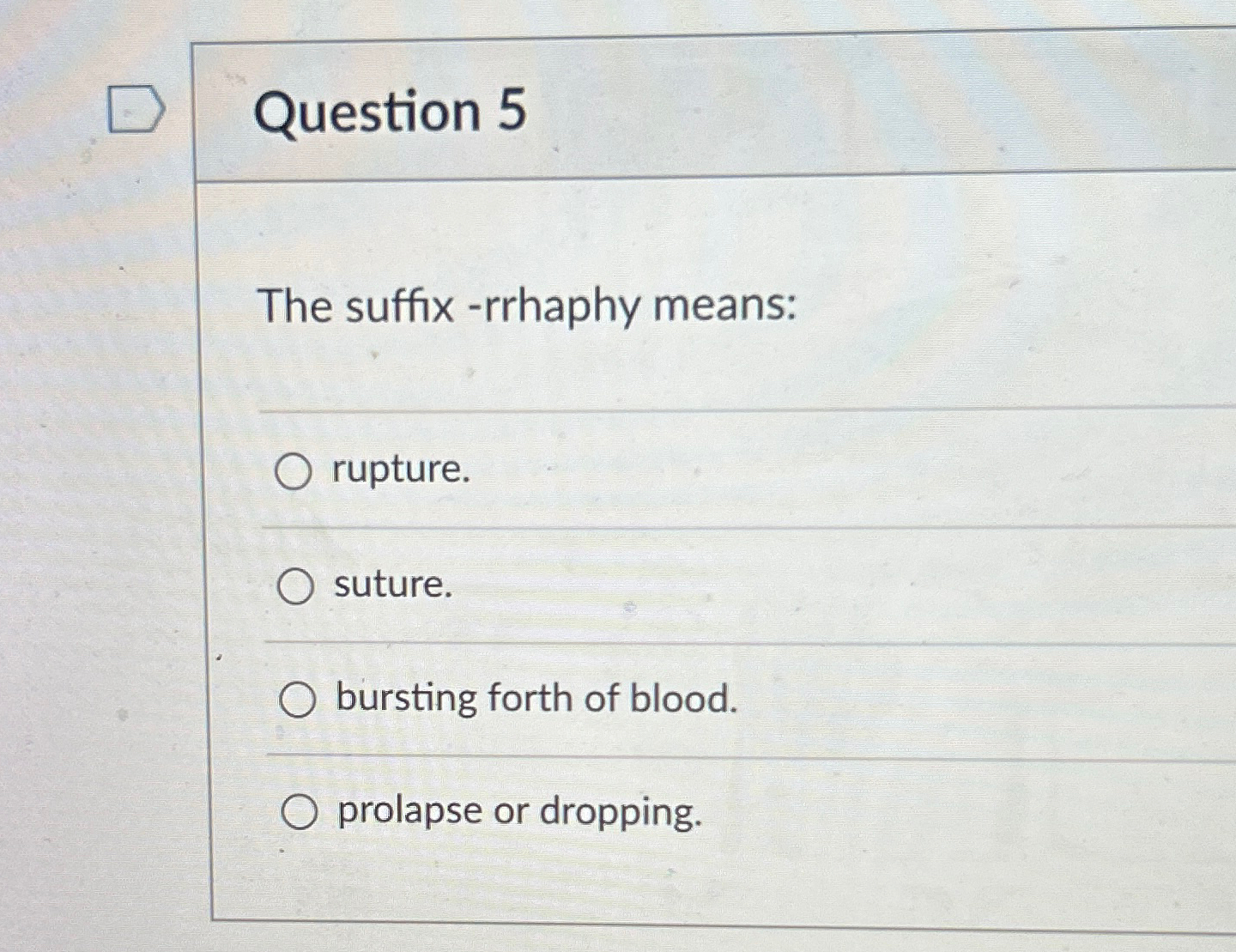 Solved Question 5The suffix -rrhaphy | Chegg.com