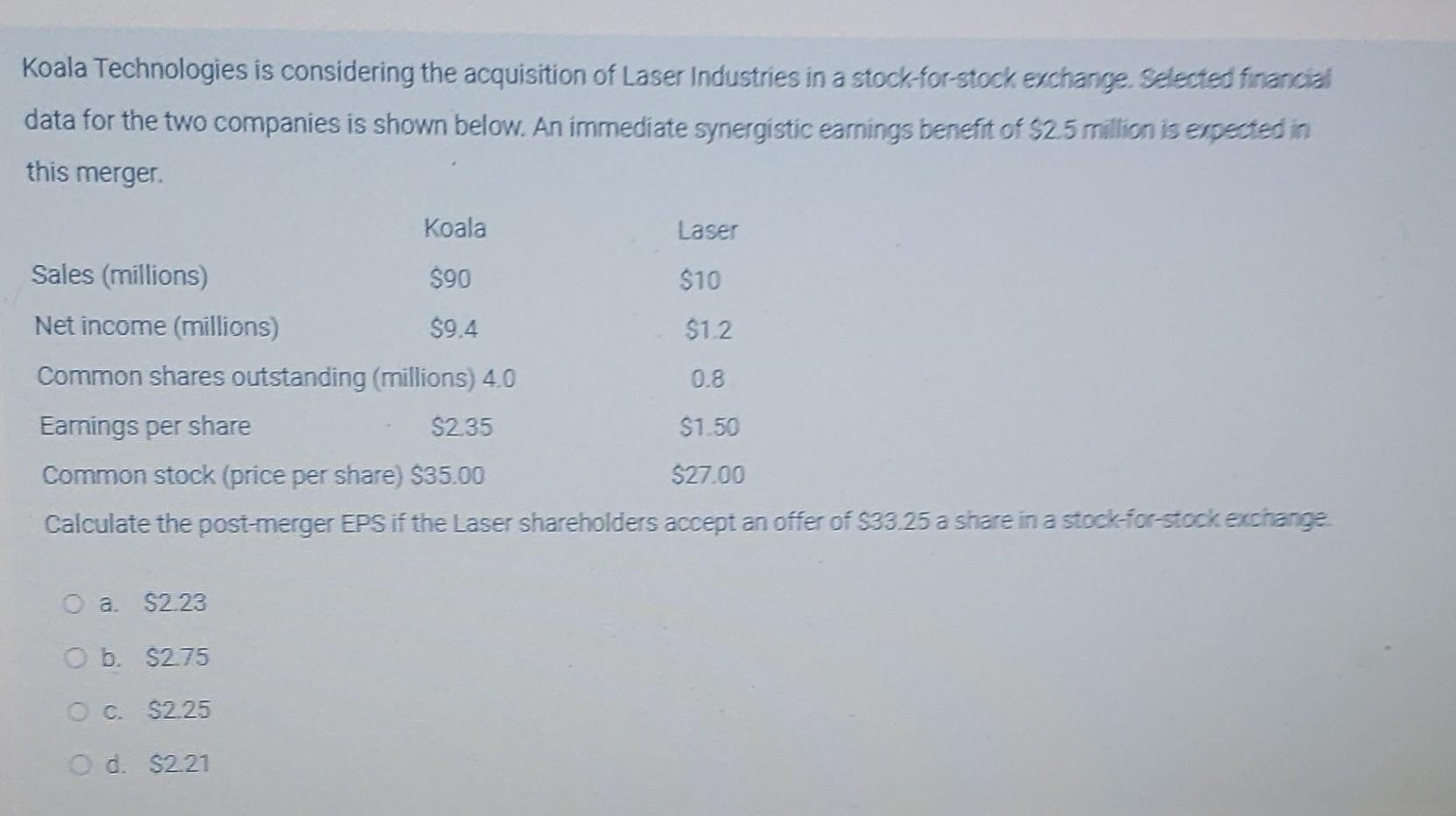 Solved Koala Technologies is considering the acquisition of | Chegg.com