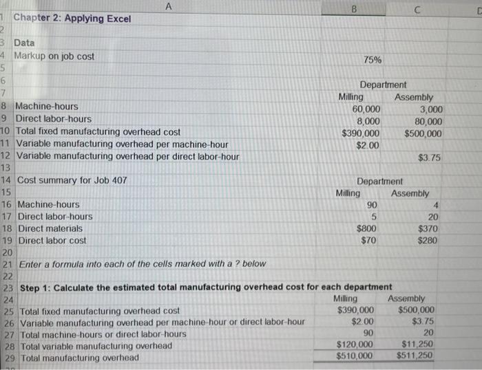 Solved A Chapter 2 Applying Excel Data Markup On Job Cost 