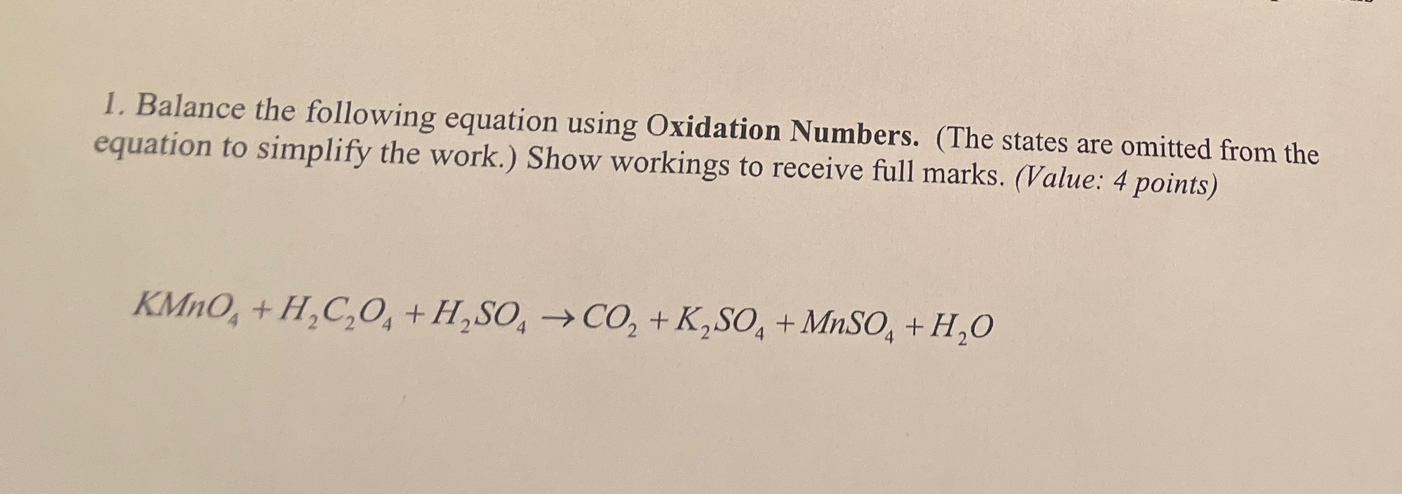 Solved Balance the following equation using Oxidation | Chegg.com