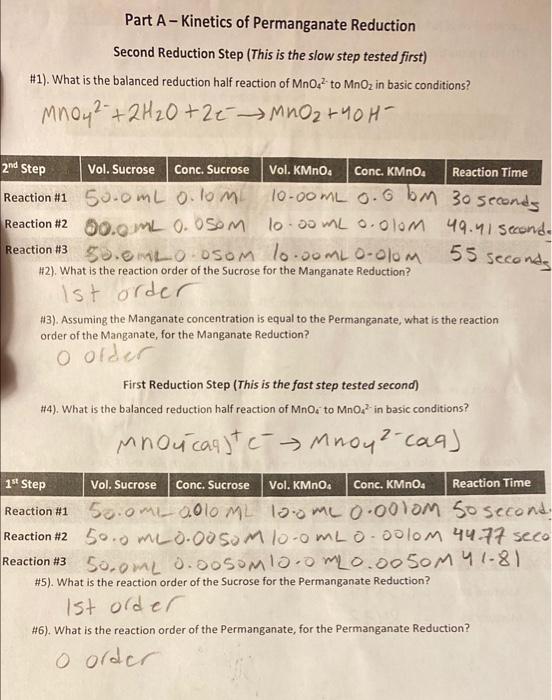 Part A - Kinetics of Permanganate Reduction Second | Chegg.com