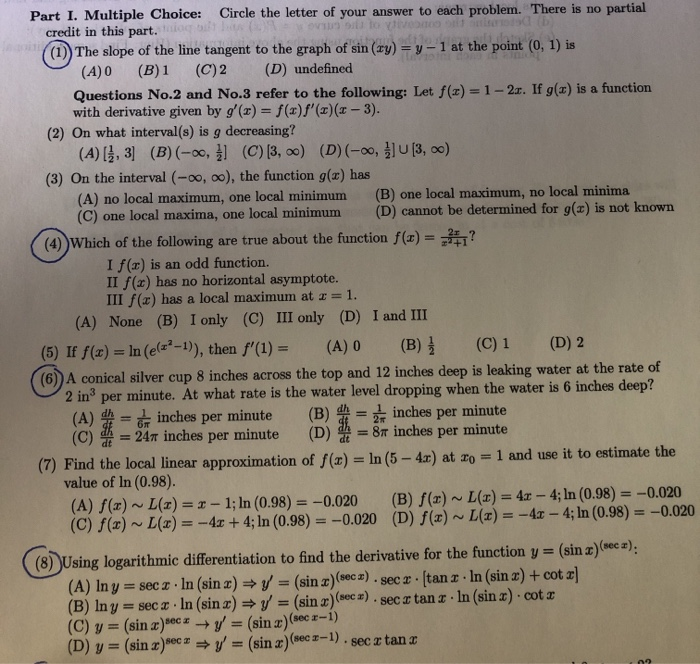 Solved Part I. Multiple Choice: Circle the letter of your | Chegg.com