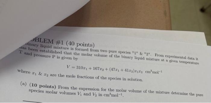 Solved (d) (5 points) Find the partial molar volumes at | Chegg.com