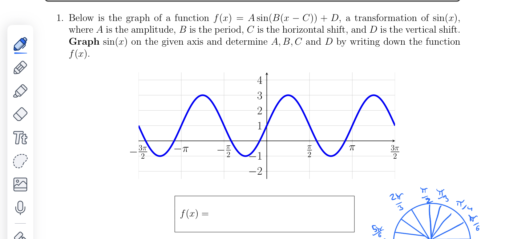 Solved Below is the graph of a function f(x)=Asin(B(x-C))+D, | Chegg.com