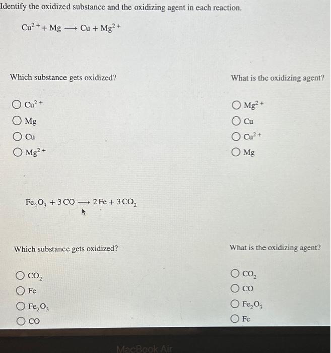 Solved Identify the oxidized substance and the oxidizing | Chegg.com