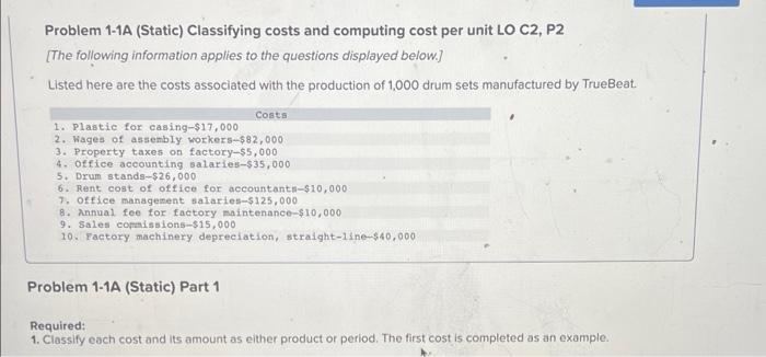 Solved Problem 1 1a Static Classifying Costs And Computing 
