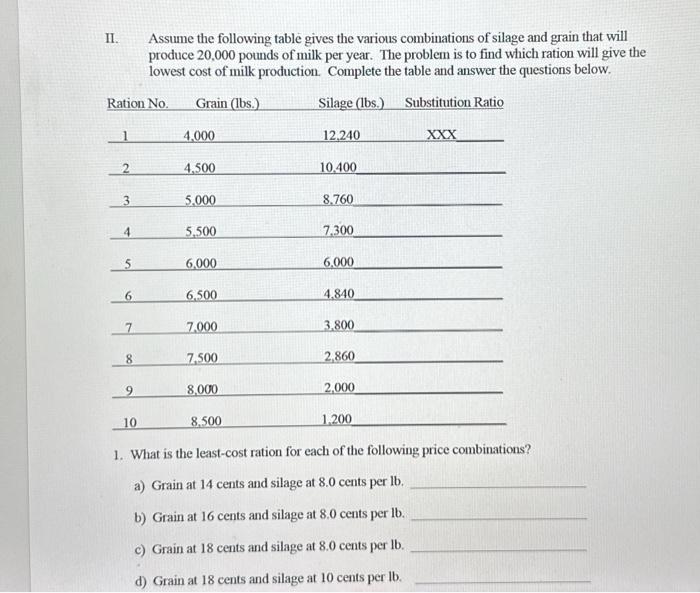 Solved II. Assume the following table gives the various | Chegg.com