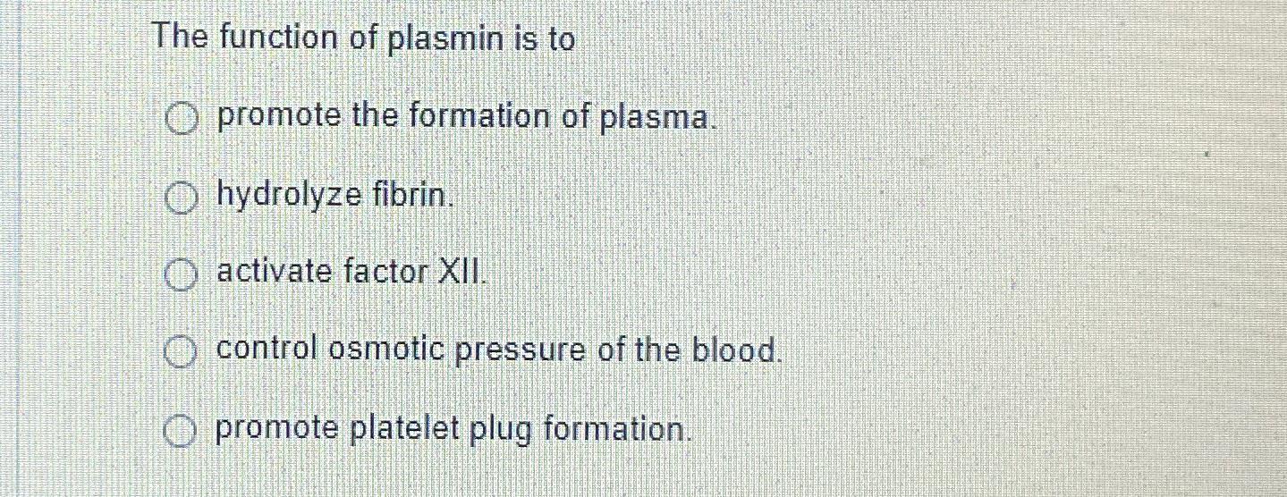 Solved The function of plasmin is topromote the formation of | Chegg.com