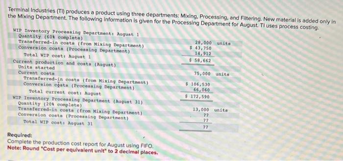 Terminal Industries (TI) produces a product using | Chegg.com