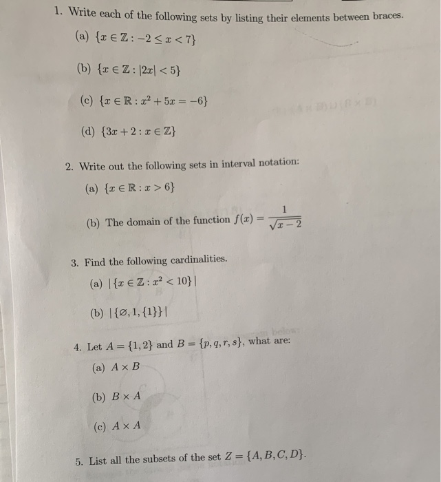 Solved 1. Write each of the following sets by listing their | Chegg.com