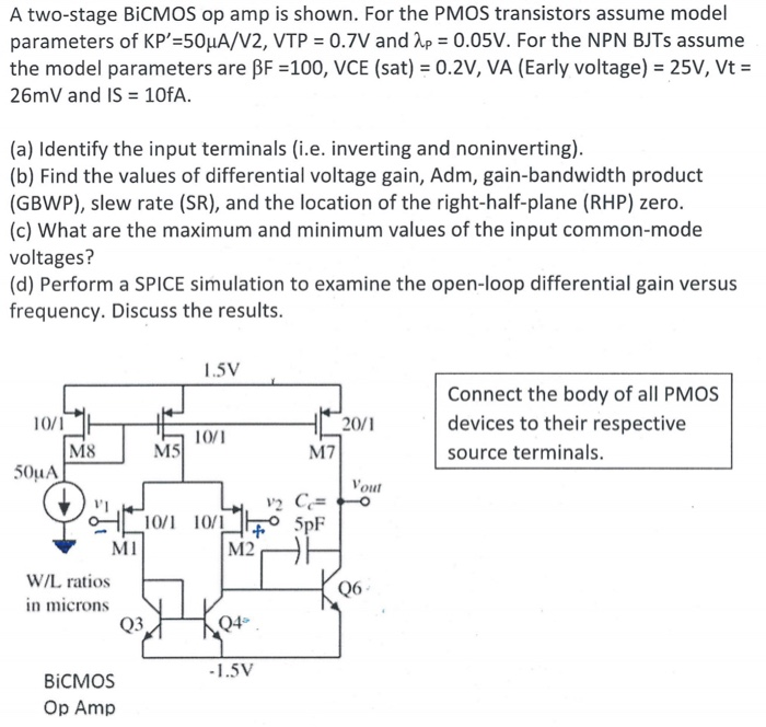 A two-stage BiCMOS op amp is shown. For the PMOS | Chegg.com