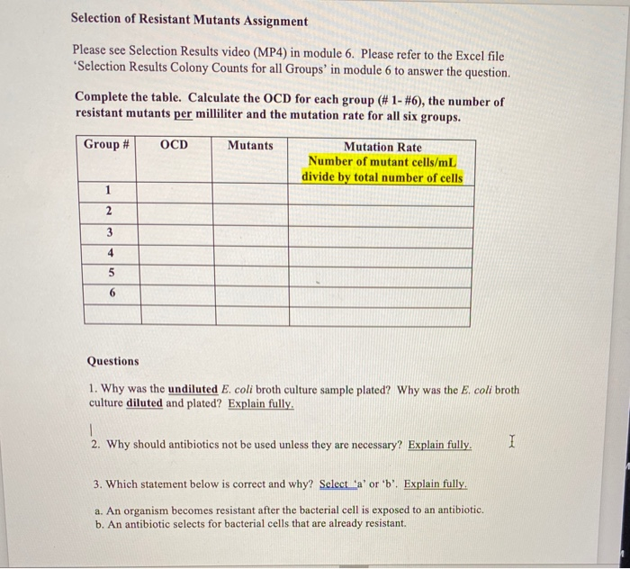 Solved Selection of Resistant Mutants Assignment Please see | Chegg.com