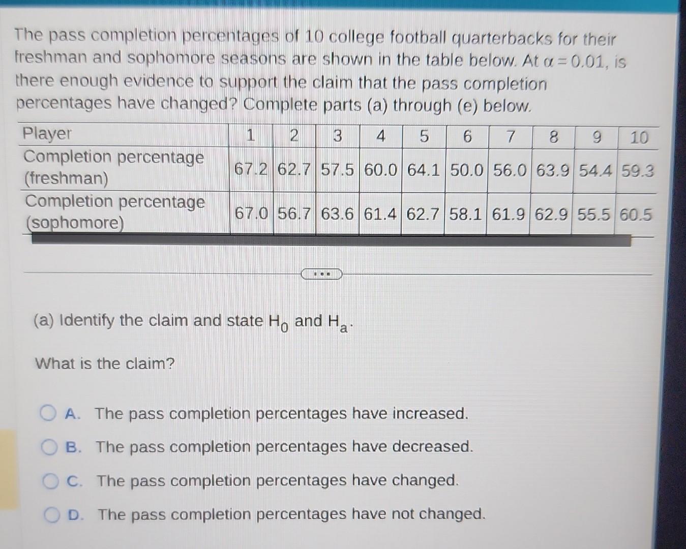 Solved The pass completion percentages of 10 college | Chegg.com