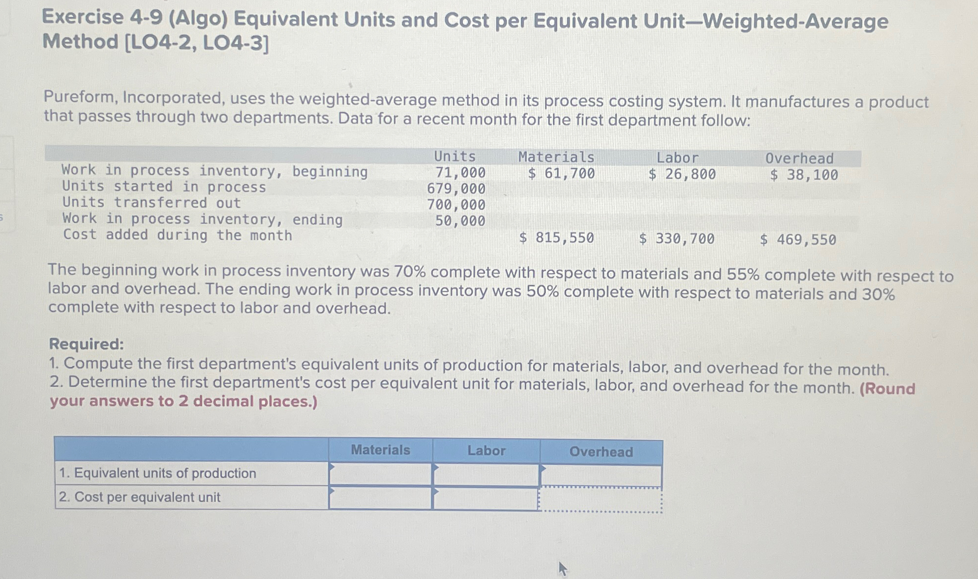 Solved Exercise 4-9 (Algo) ﻿Equivalent Units and Cost per | Chegg.com
