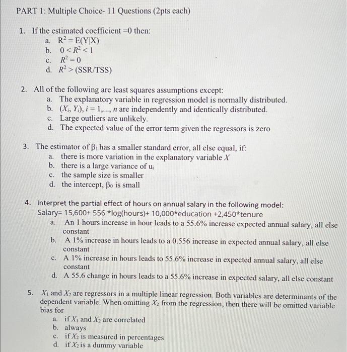 Solved PART 1: Multiple Choice-11 Questions (2pts each) 1. | Chegg.com