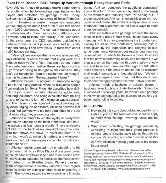 Solved Texas Pride Disposal CEO Pumps Up Workers through | Chegg.com