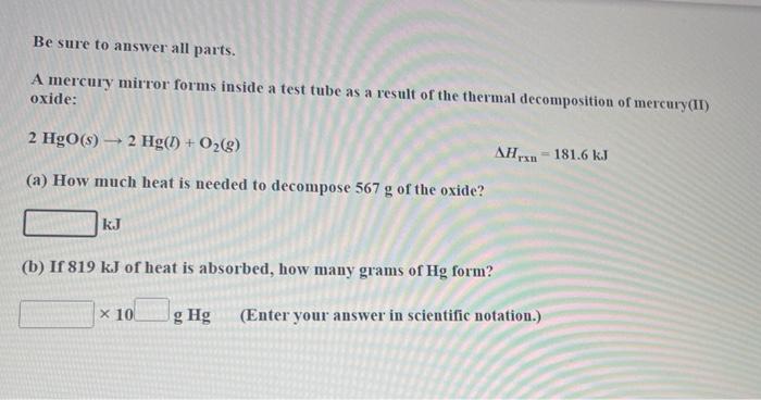 Solved Be sure to answer all parts. A mercury mirror forms | Chegg.com