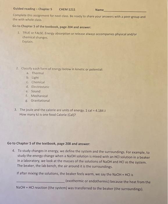 Solved Guided reading - Chapter 5 CHEM 1211 Name Complete | Chegg.com
