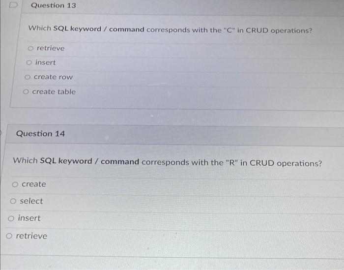Solved Question 13 Which SQL keyword / command corresponds | Chegg.com