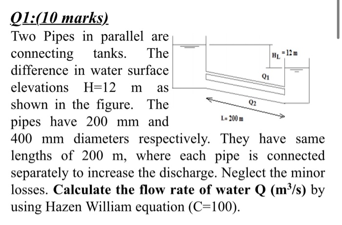 Solved HL 12 m Q1 Q2 Q1:(10 marks) Two Pipes in parallel are | Chegg.com