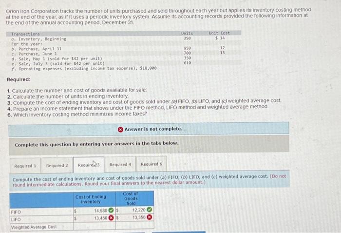 Solved Orion Iron Corporation tracks the number of units | Chegg.com