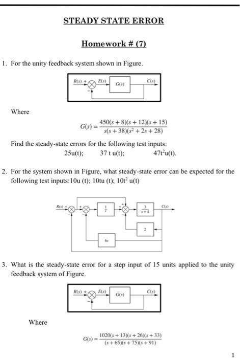 Solved STEADY STATE ERROR Homework # (7) 1. For the unity | Chegg.com